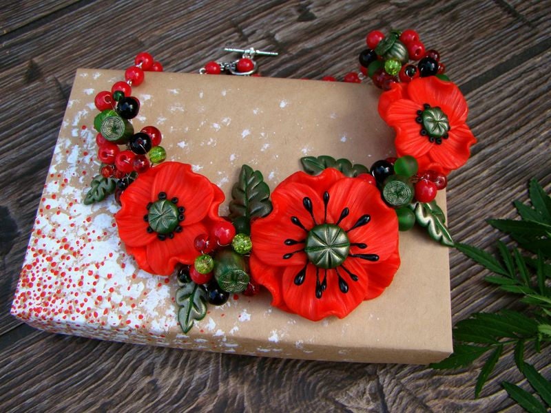 Necklace Poppy Poppy jewelry Poppies necklace Flower necklace | Etsy