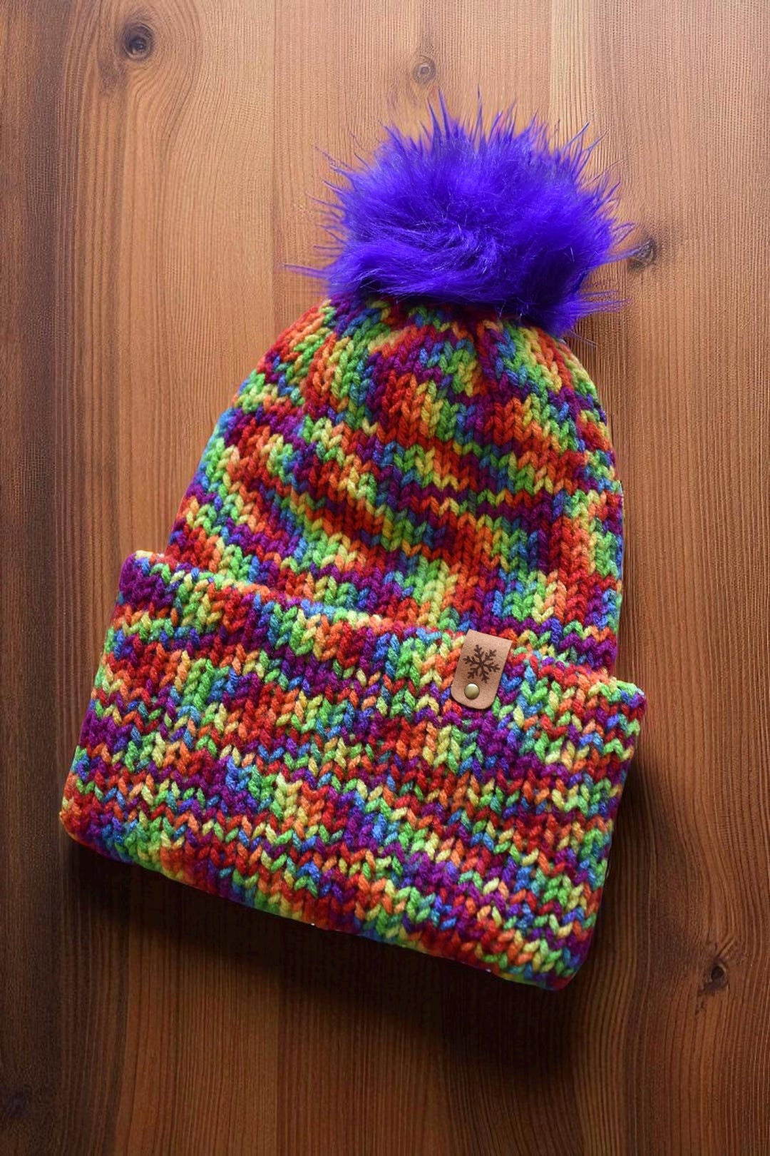 Rainbow Knit Hat – Vibrant Colors, Purple Pom Pom, Adult Size, Pride ...