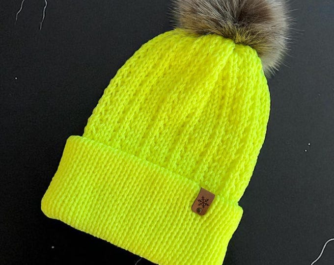 Neon Safety Yellow Knit Hat – Bright Adult Winter Hat With Faux Fur Pom ...