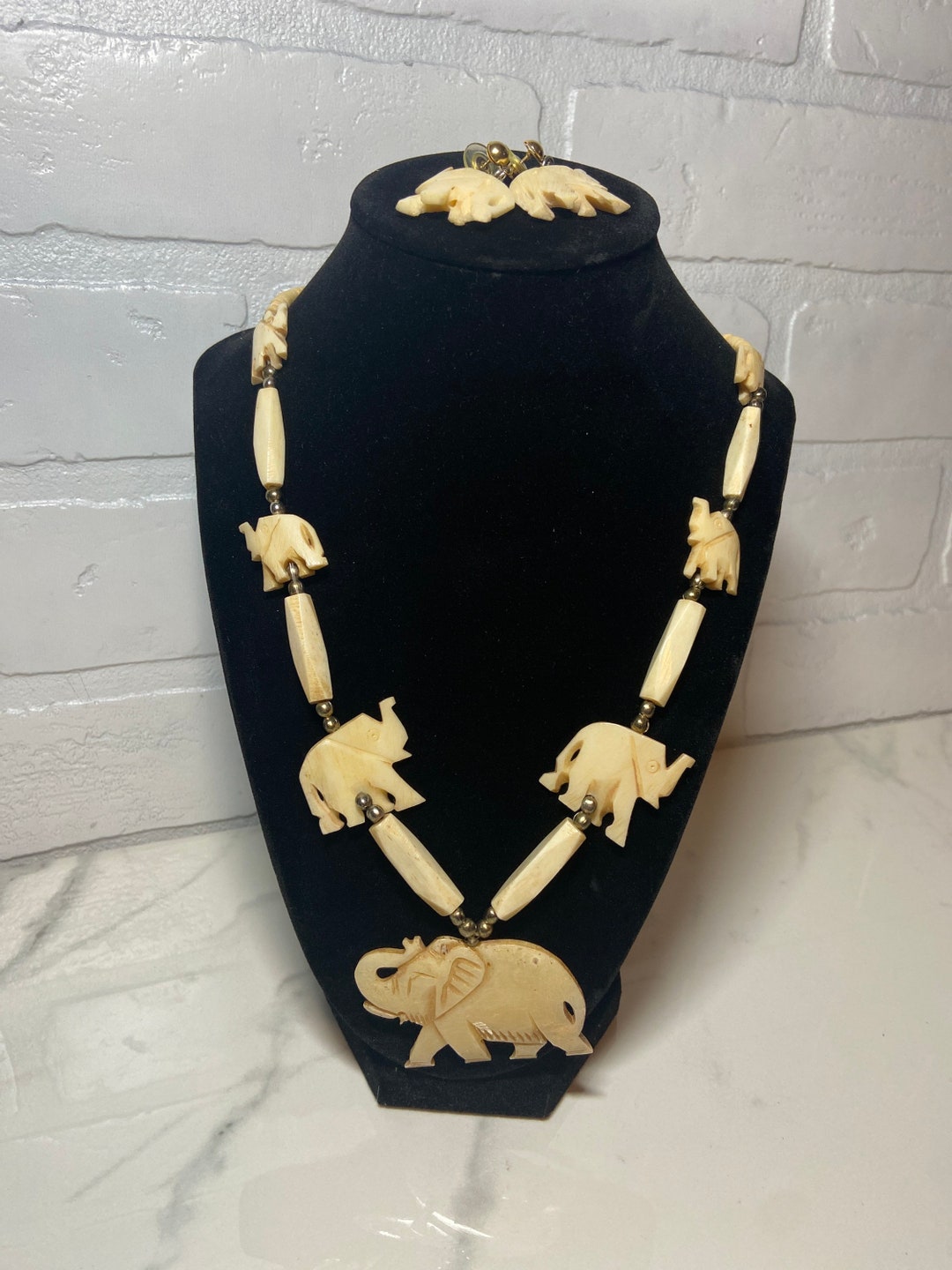 Vintage Hand Carved Out of Bone Elephant Necklace and Earrings - Etsy