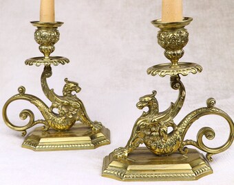 Antique Pair Griffin Candlesticks Gilt Brass Bronze Candle | Etsy