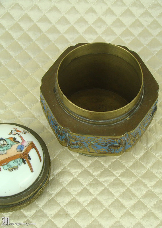 Antique Chinese Enameled Brass Storage Box With Hand Painted Porcelain ...