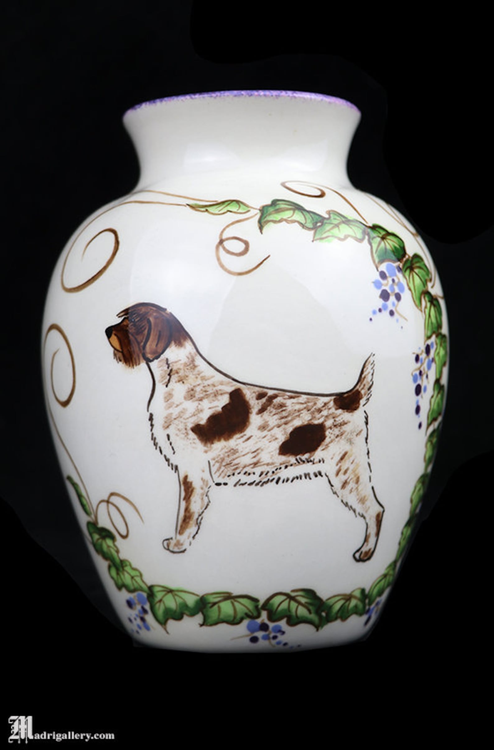 Hand Painted Ceramic Vase, Dog With Berries & Leaves, Country Decor ...