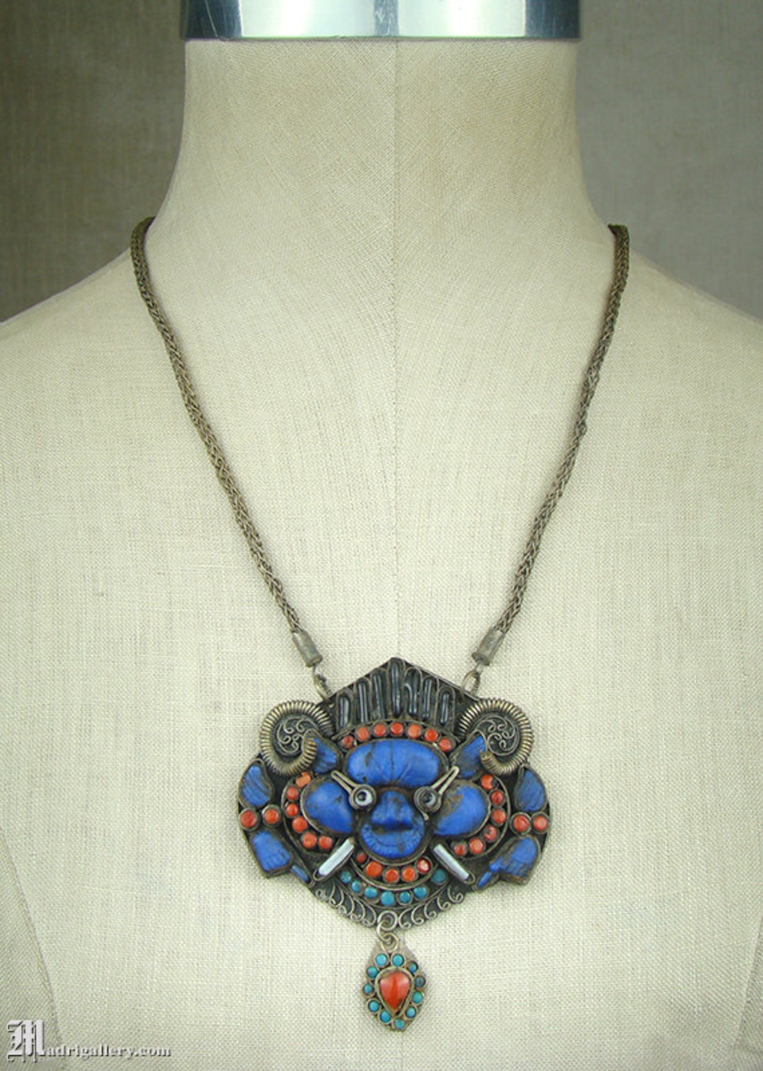 Big Old Deity Face Necklace, Blue Clay Tibetan Silver Pendant, Coral ...