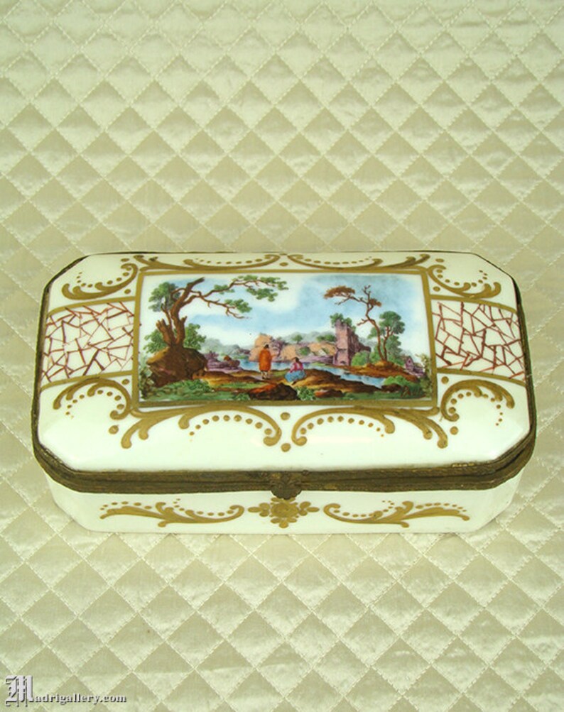 Antique Porcelain Box, Hand Painted French Landscape, Jewelry Trinket ...
