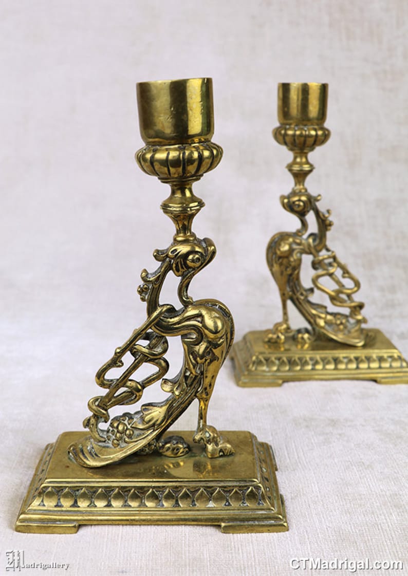 Antique Pair Griffin Candlesticks Gilt Brass Bronze Candle Stick Holder ...