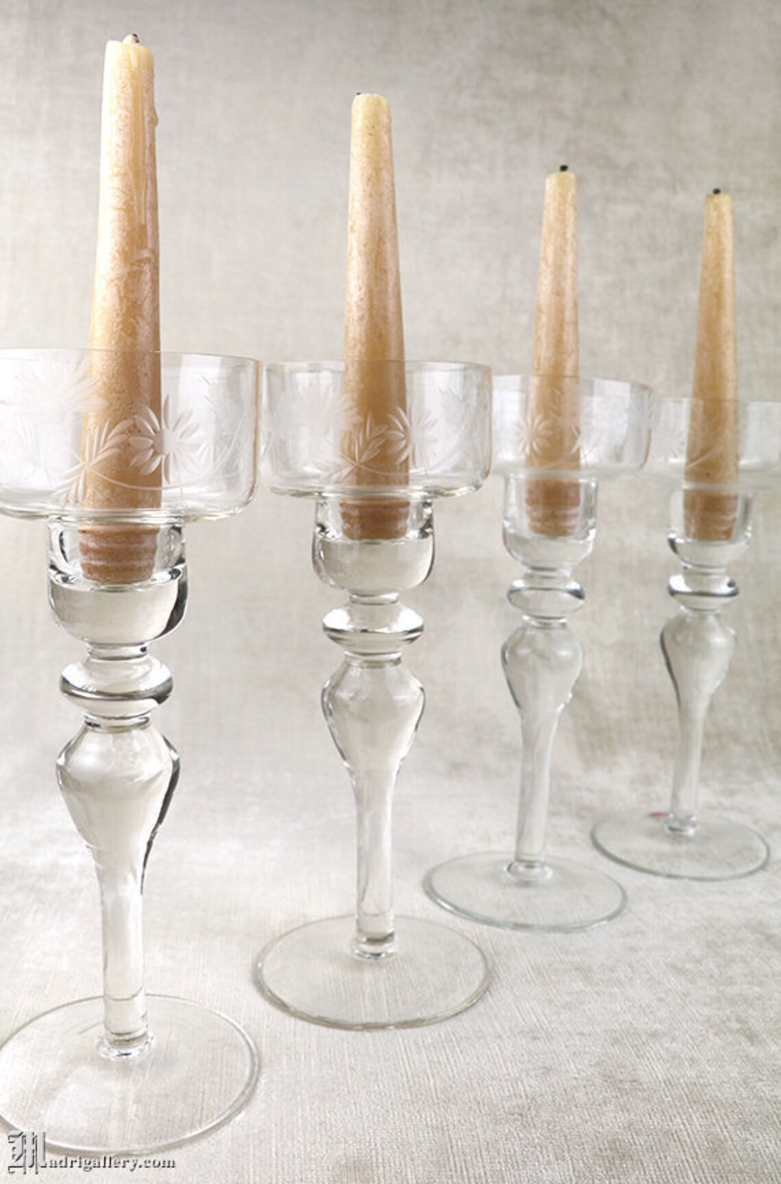 Four Old Etched Glass Candlesticks, Tall Candle Sticks Set, Ornate ...