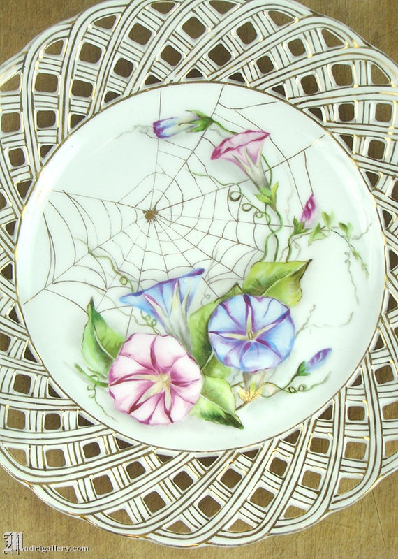 Antique Porcelain Cabinet Plate, Hand Painted Spiderweb and Flowers ...