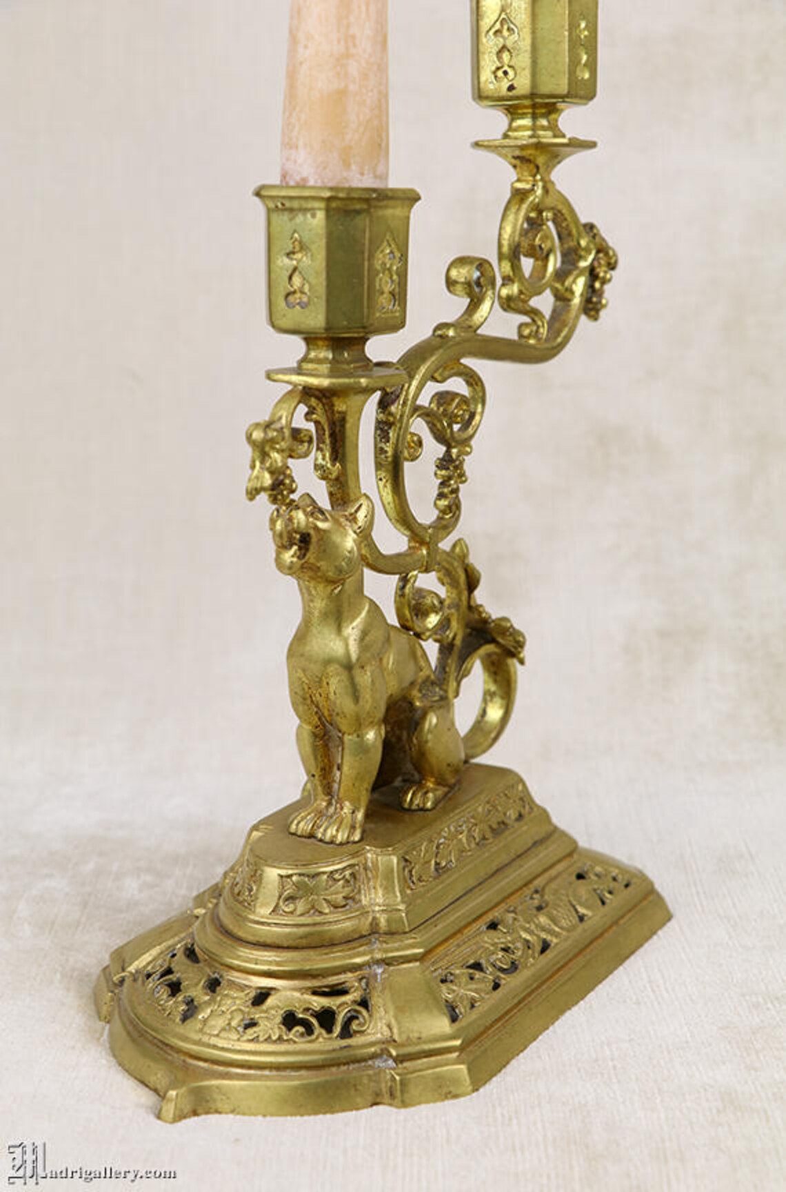 Antique 19th C. Cougar Candlestick Candelabra Gilt Bronze Ormolu Candle ...