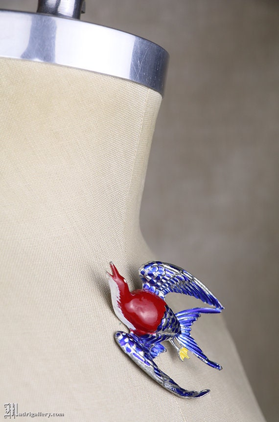 1930s Enameled Bird Brooch, Figural Pin, Red Blue, Dimensional Silver ...
