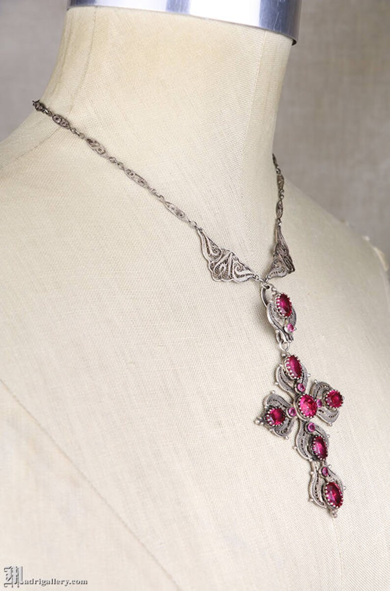 Antique Silver Filigree Cross Necklace, Ruby Red Paste Glass Stones ...