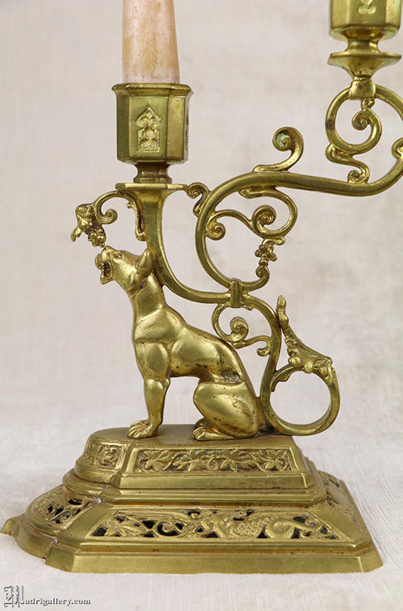 Antique 19th C. Cougar Candlestick Candelabra Gilt Bronze Ormolu Candle ...