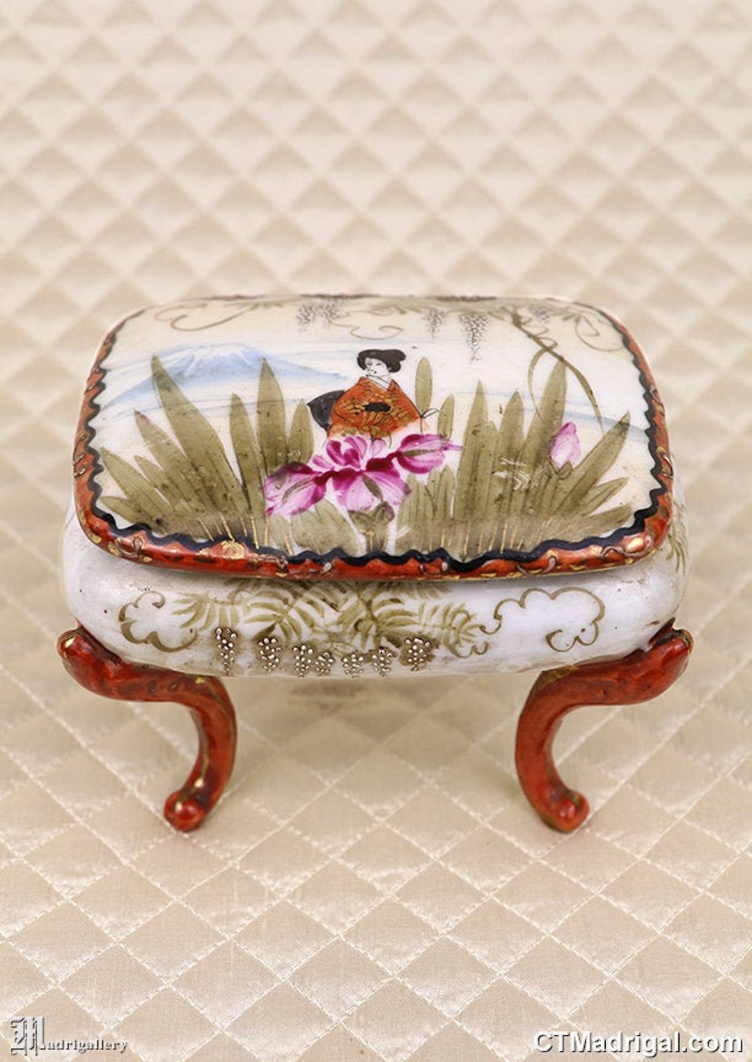 Antique Porcelain Trinket Box, Hand Painted Jewelry Casket Vanity Jar ...