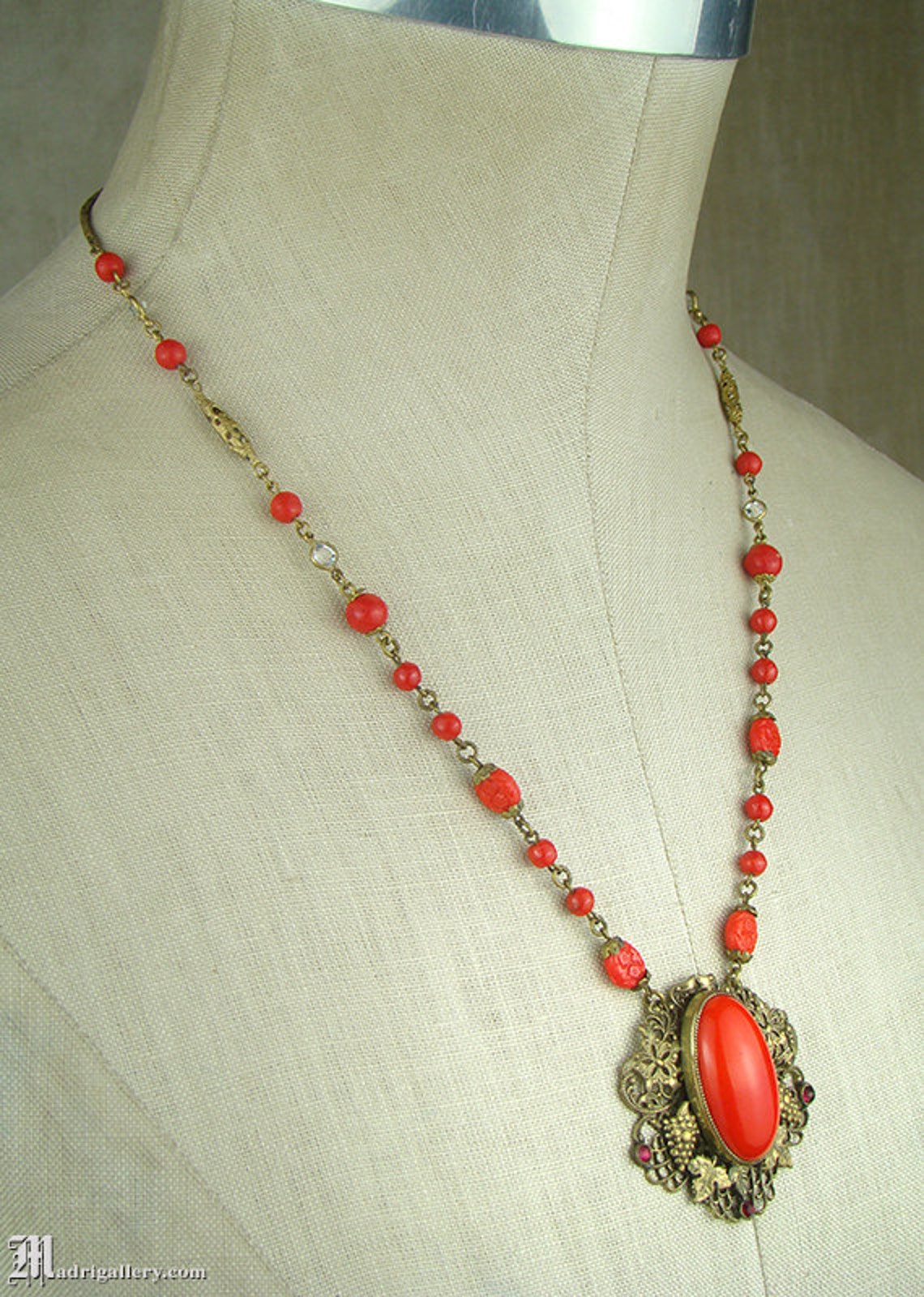 Glossy Red Glass Pendant Necklace in Ornate Gilded Filigree Setting ...