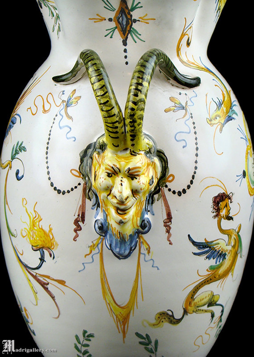 Devil Horn Handled Ceramic Vase, Hand Painted Mythological Grotesque ...