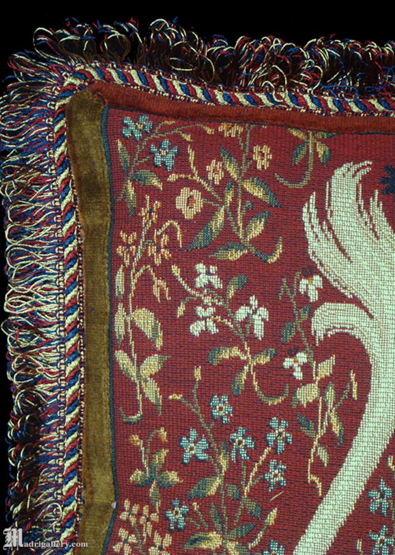 Gothic Lion Tapestry Pillow, Red, Loop Fringe Trim, Striped Velvet Back ...