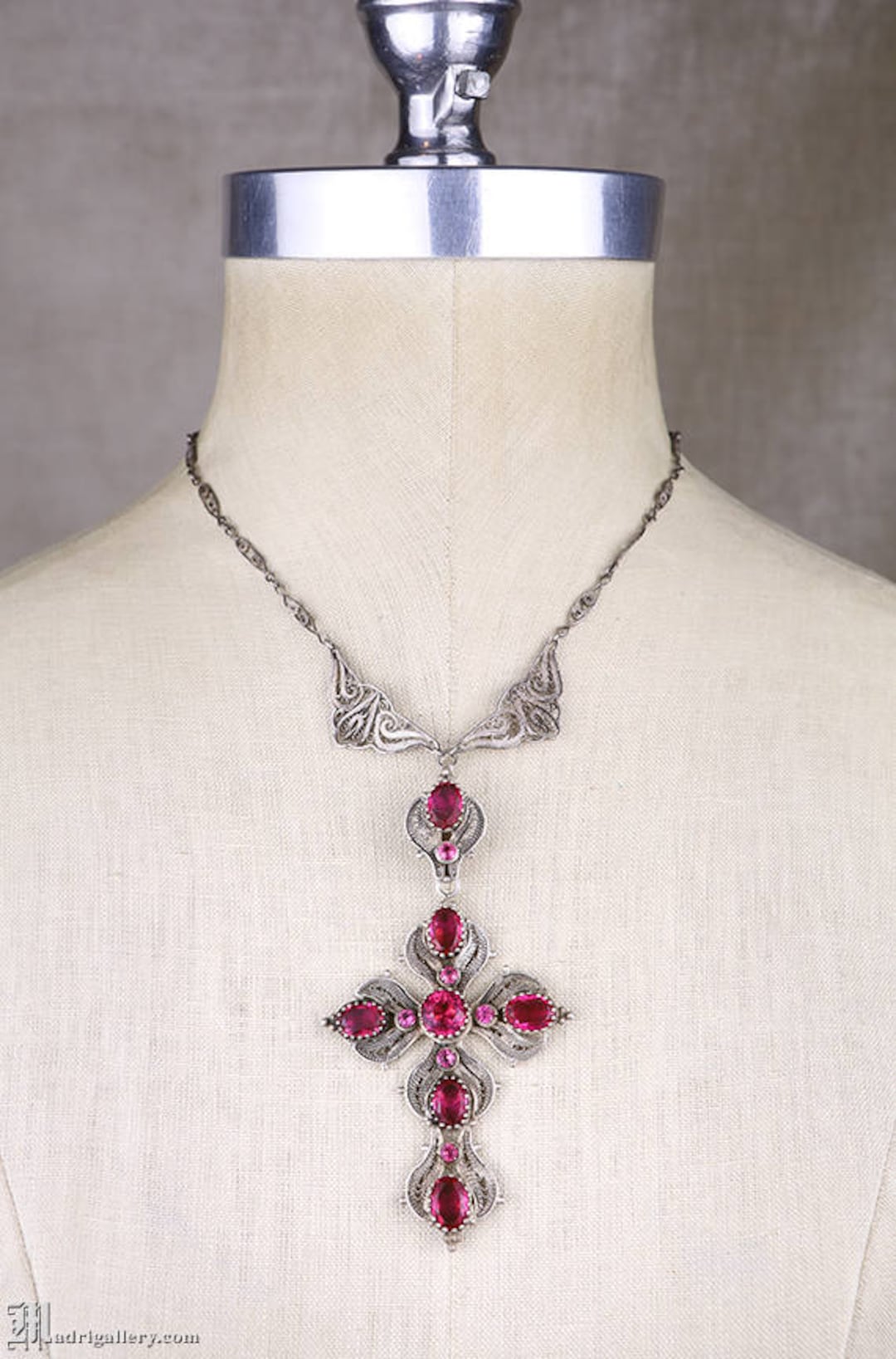 Antique Silver Filigree Cross Necklace, Ruby Red Paste Glass Stones ...