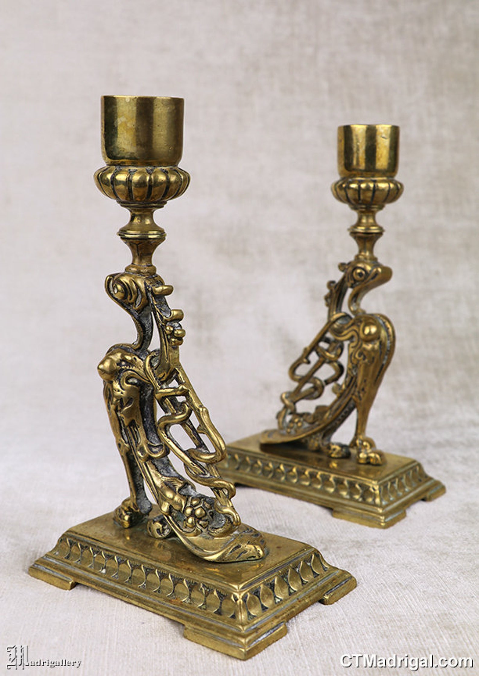 Antique Pair Griffin Candlesticks Gilt Brass Bronze Candle Stick Holder ...