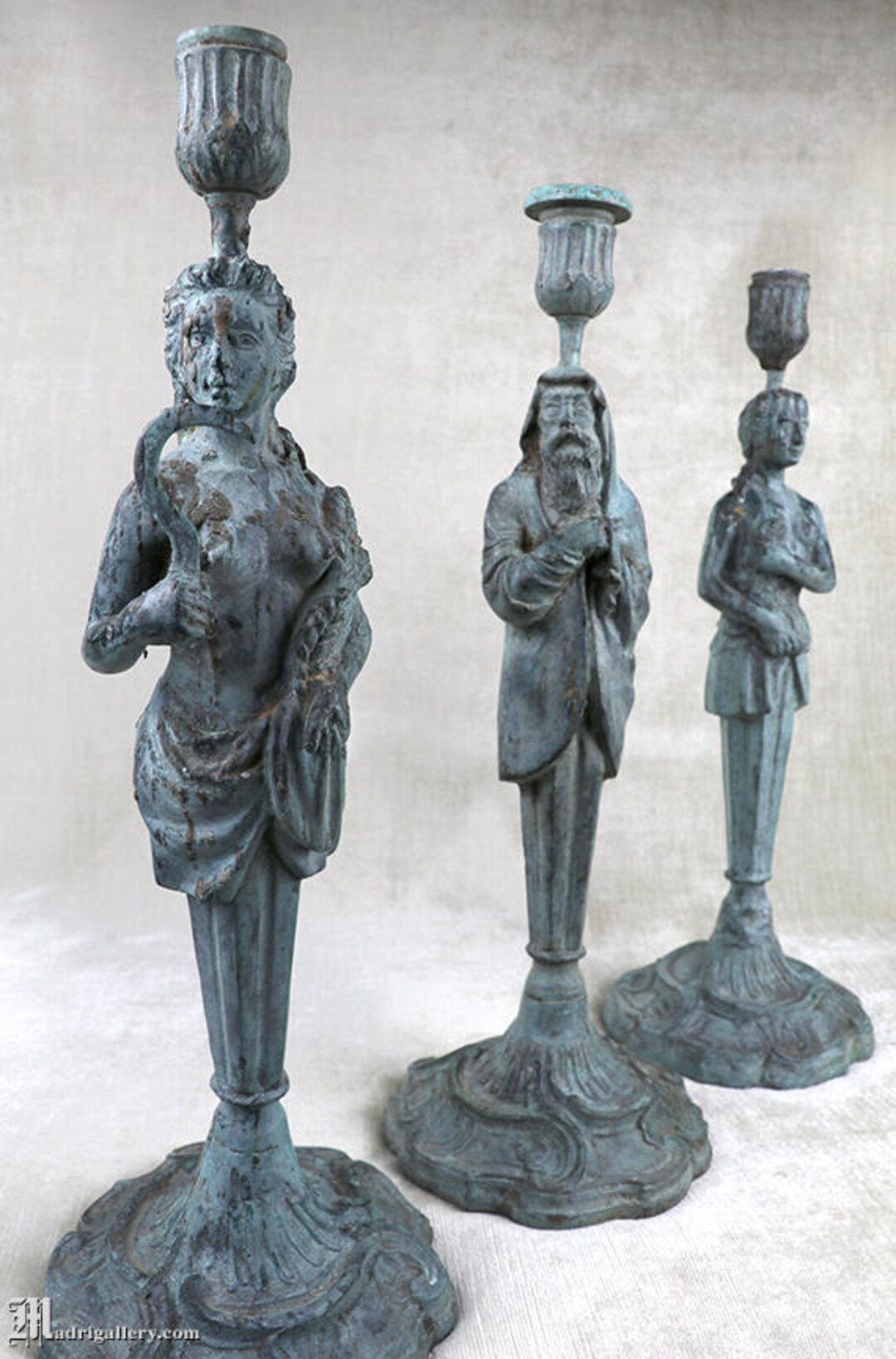 Three Majestic Antique Candlesticks, Tall Figural Candle Holders ...