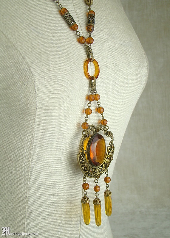 1920s flapper necklace, antique Art Deco glass brass … - Gem