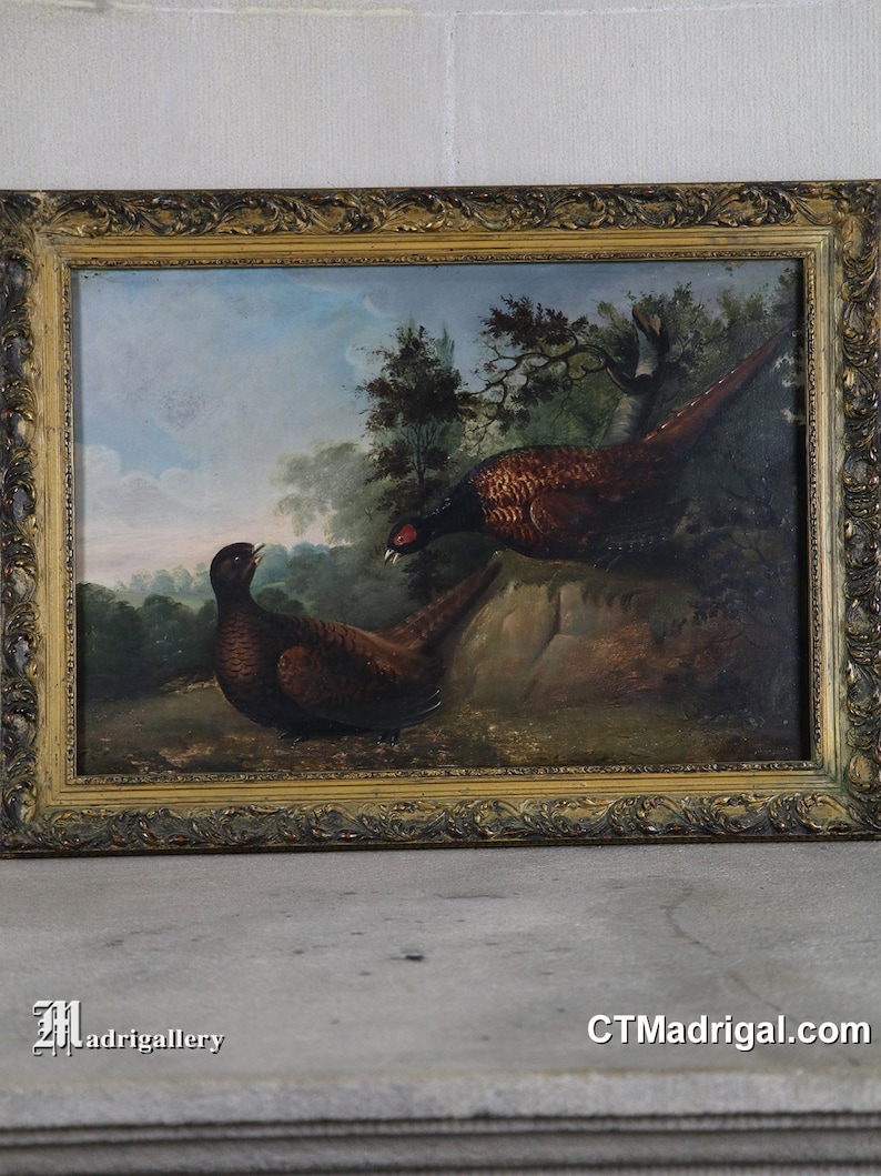 Antique Birds in Landscape Painting Pheasant Oil Canvas Gilt Wood Frame ...