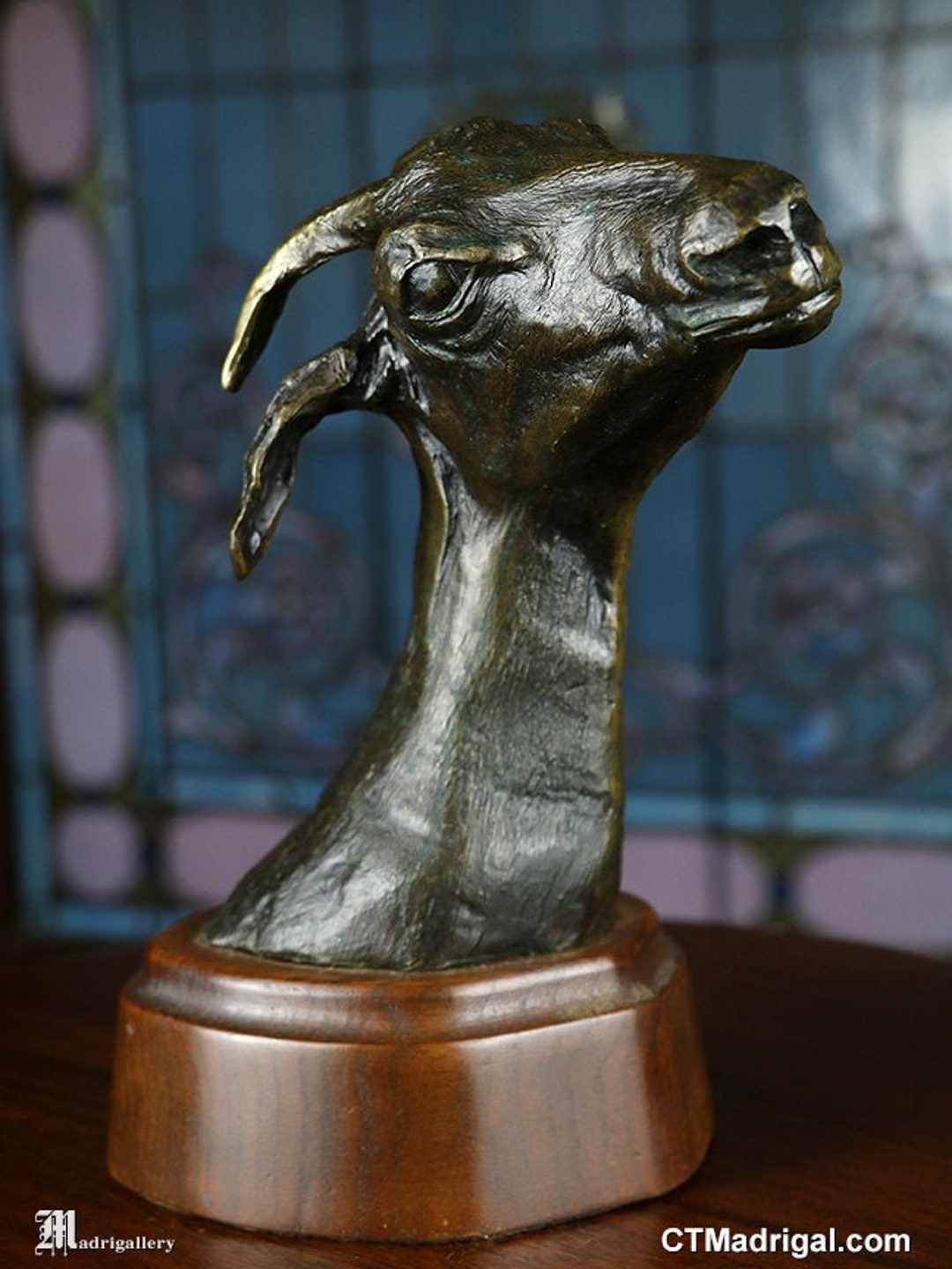 Bronze Goat Sculpture, Wood Base Animal Figurine Statue Bust Hunting ...