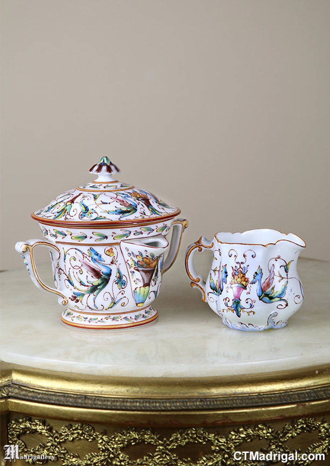 1800s Antique Creamer Pitcher Sugar Tea Cream Hand Painted Griffin ...