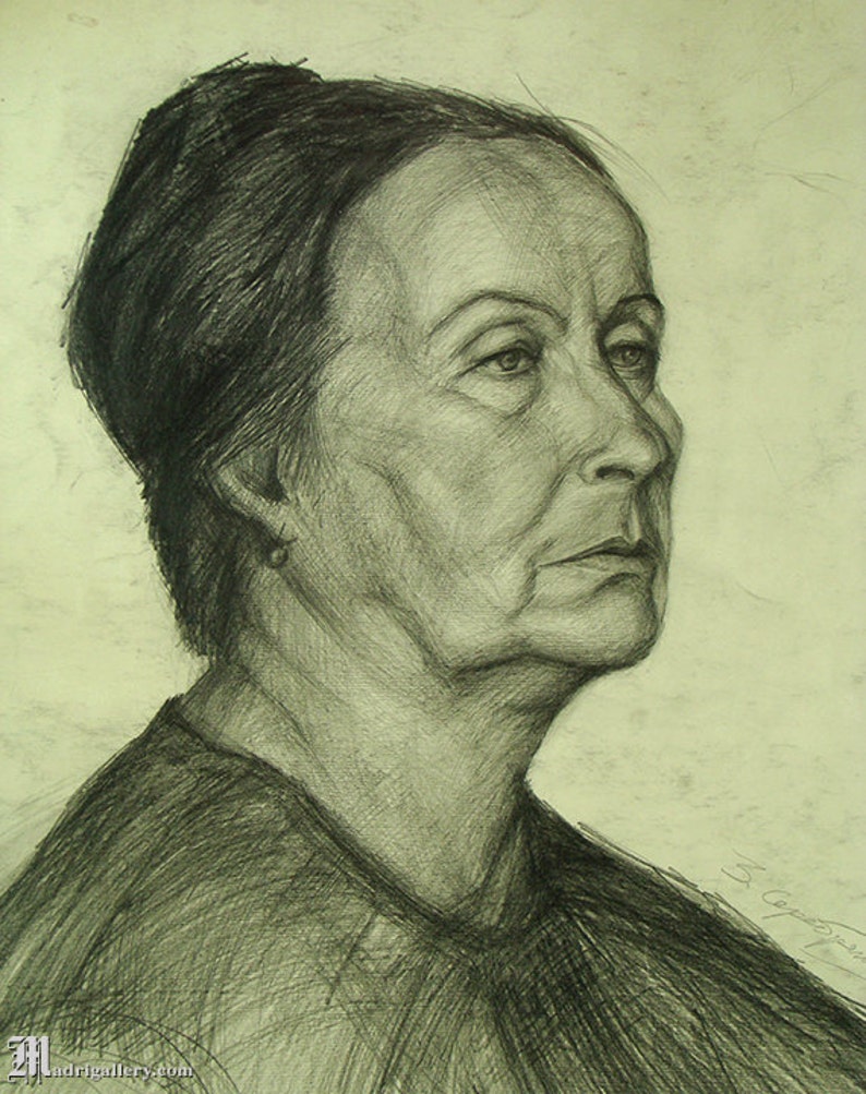 Graphite Portrait Drawing of an Imposing Woman Gold Gilt - Etsy