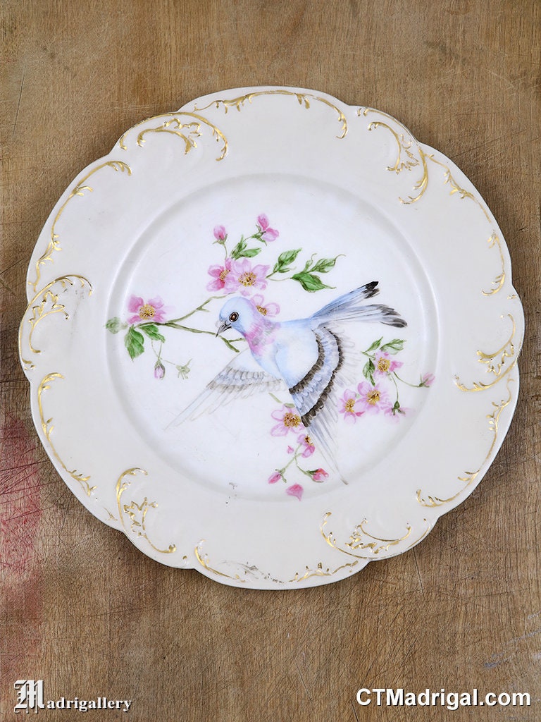 Antique Porcelain Bird Plate, Hand Painted Birds Flowers Gilt Gilded ...
