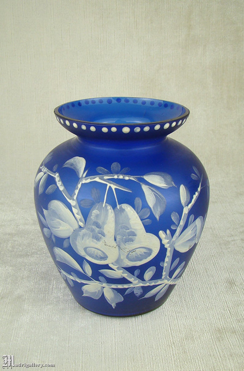 Antique Blue Glass Vase, Hand Painted Flowers, Satin Glass, Enamel ...