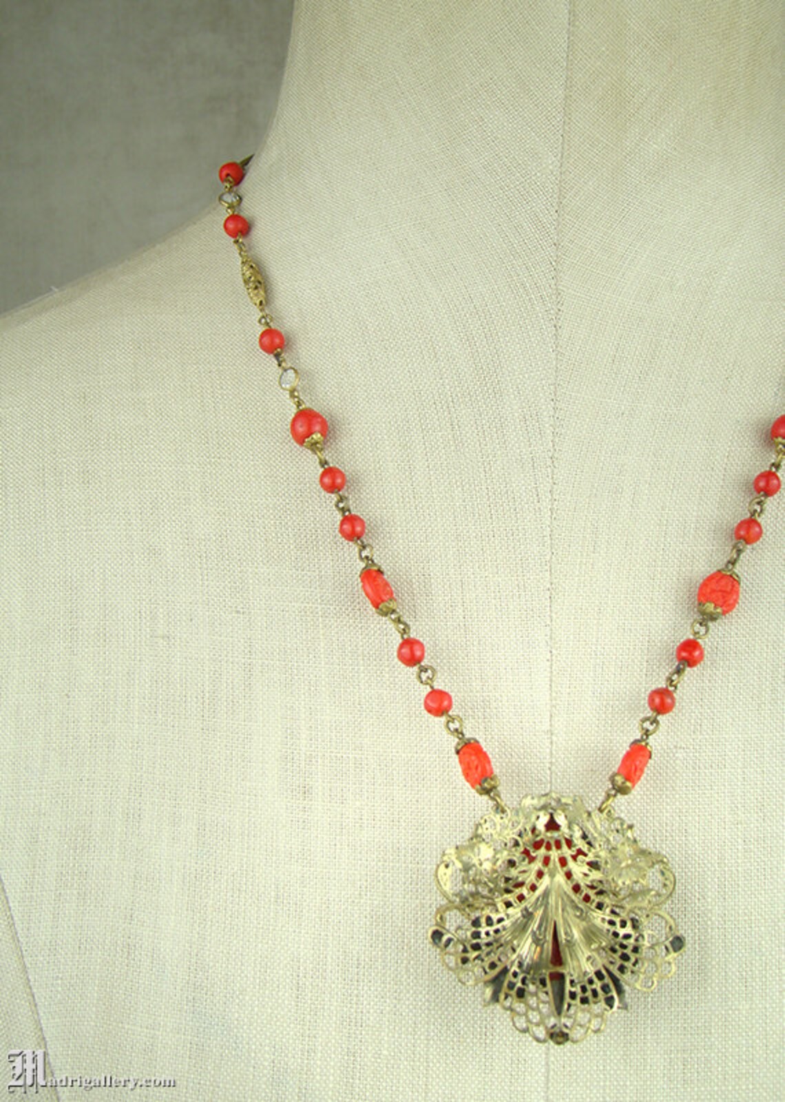 Glossy Red Glass Pendant Necklace in Ornate Gilded Filigree Setting ...