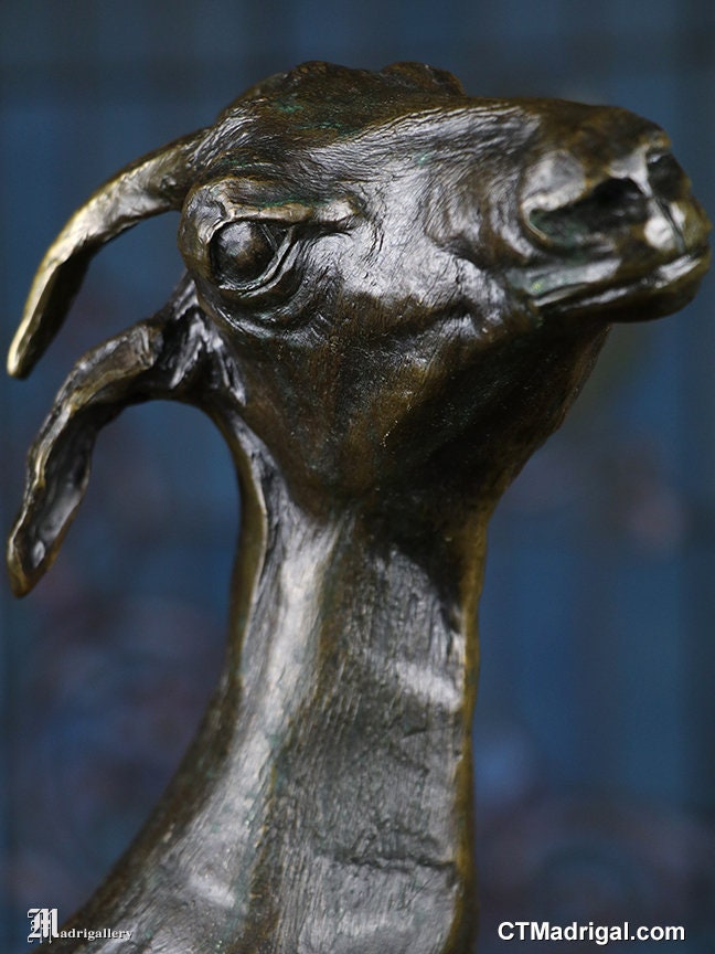 Bronze Goat Sculpture, Wood Base Animal Figurine Statue Bust Hunting ...