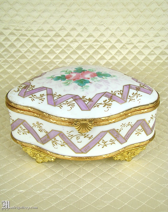 Big Antique Hand-painted Porcelain Jewelry Casket, Dresser Trinket Box ...