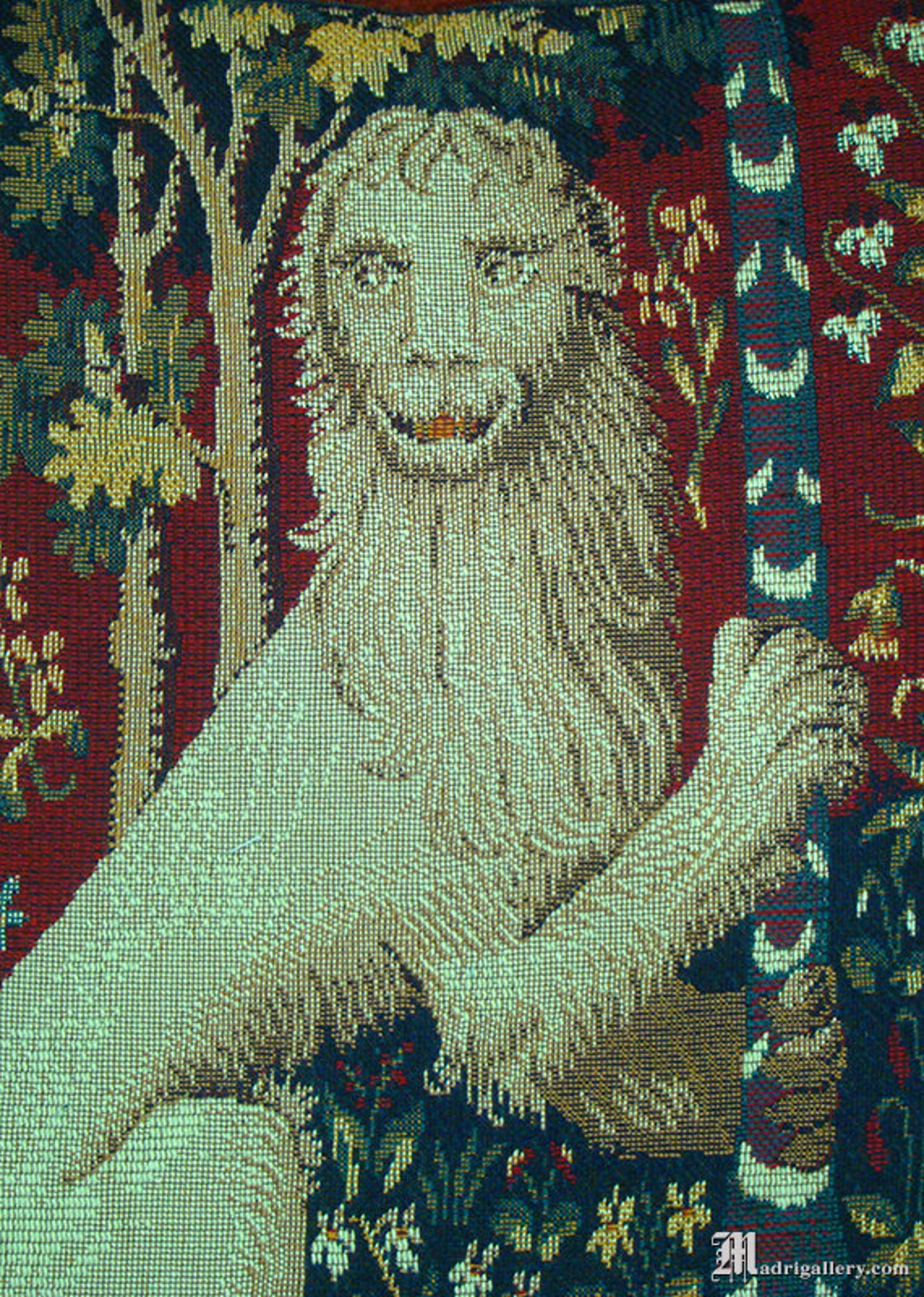 Gothic Lion Tapestry Pillow, Red, Loop Fringe Trim, Striped Velvet Back ...