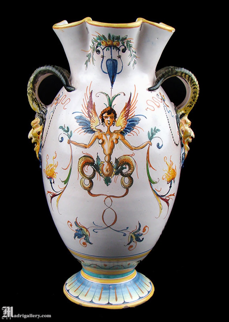 Devil Horn Handled Ceramic Vase, Hand Painted Mythological Grotesque ...