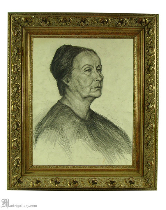 Graphite Portrait Drawing of an Imposing Woman, Gold Gilt Heavy Carved ...