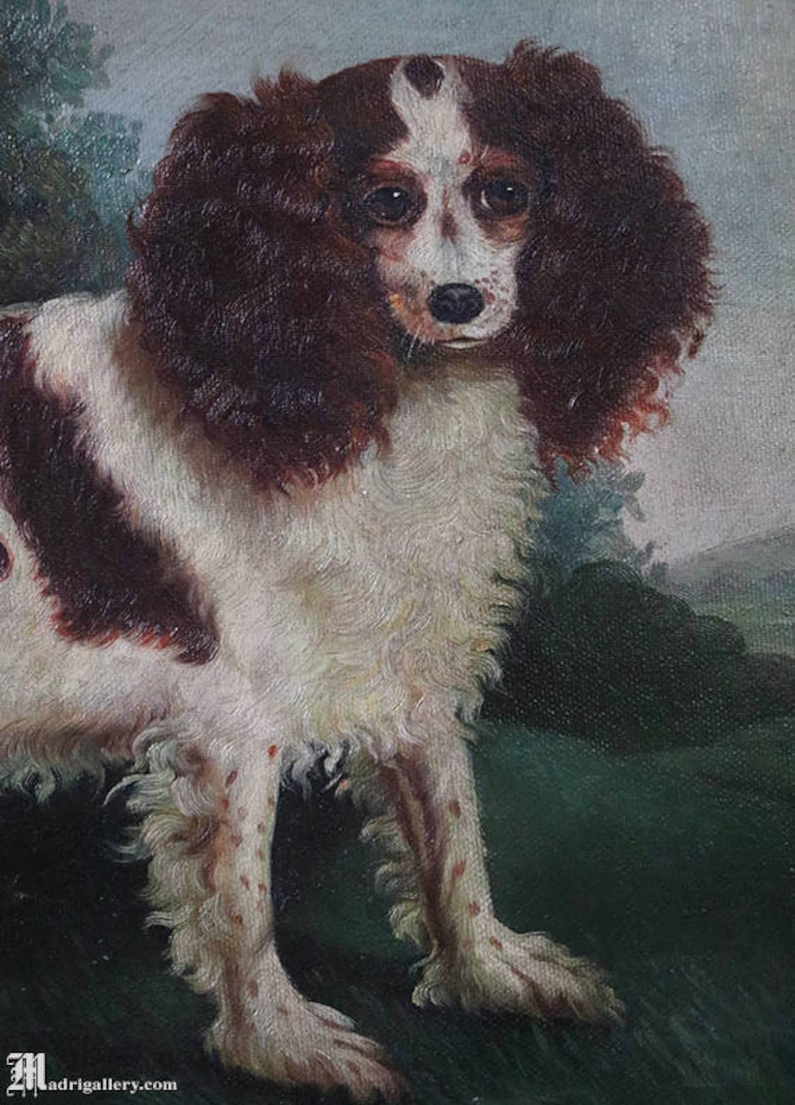 Antique Dog Portrait Painting, King Charles Spaniel in Landscape, Oil ...
