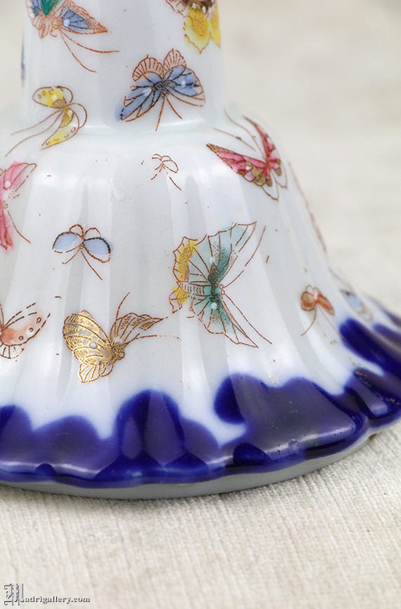 Victorian Candlesticks, Pair Antique Hand Painted Flow Blue White ...