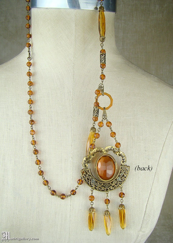 1920s Flapper Necklace, Antique Art Deco Glass Brass Sautoir Filigree ...
