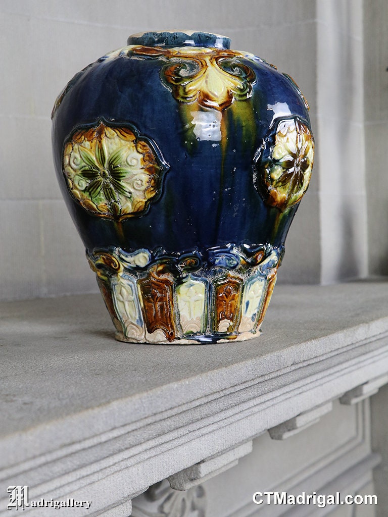 Big Antique Vase, Blue Majolica Jug Flower Pot Jardiniere Urn ...