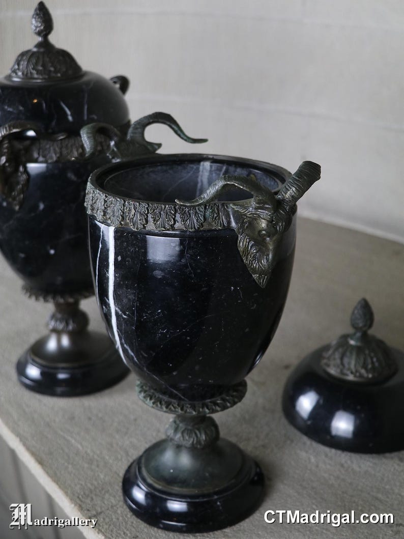 Pair Antique Marble Urn Vase Pot Jars Bronze Goat Ram Handles Black ...