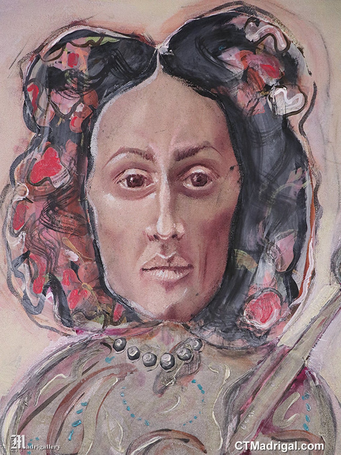 Portrait Painting, Modern Art Brut Surreal Oil Canvas Ornate Gold ...