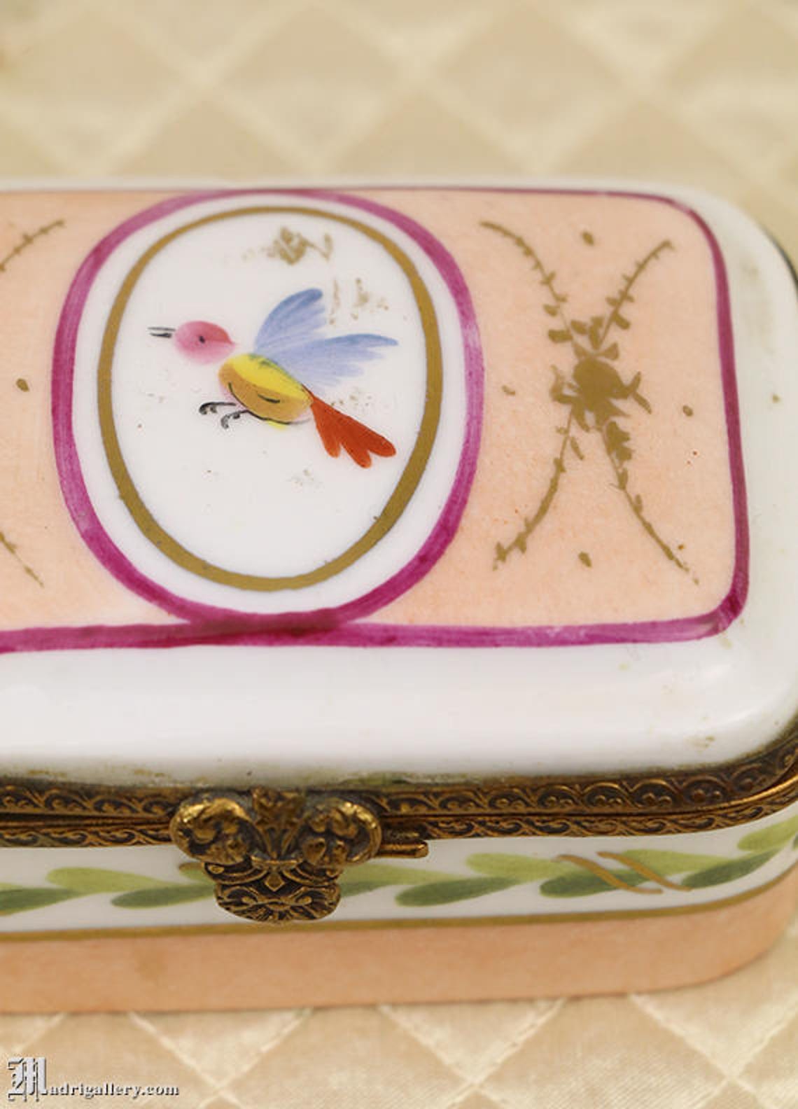 Antique French Porcelain Box, Hand Painted Enameled Bird, Jewelry ...