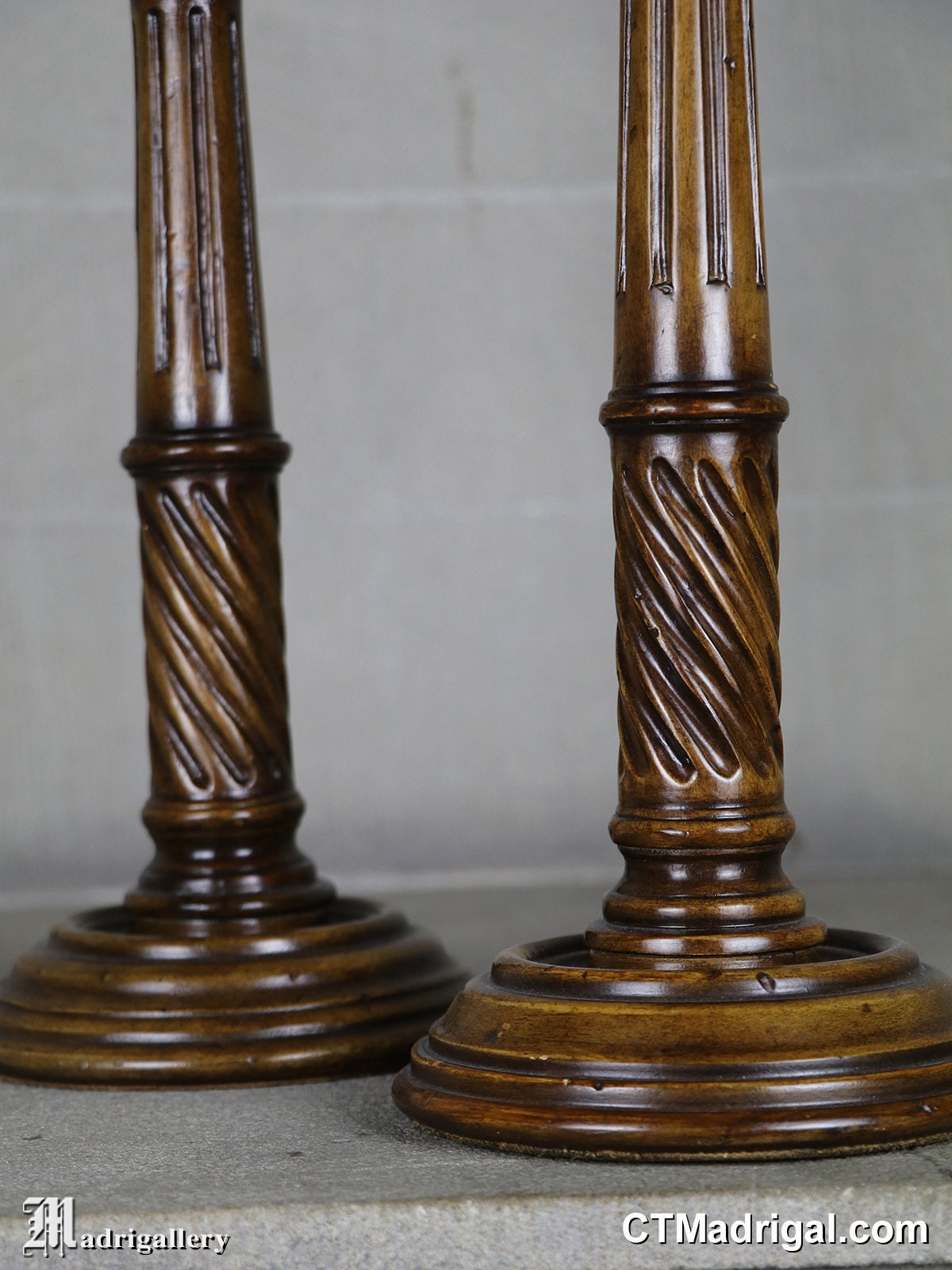 BIG Antique Turned Wood Candlestick Pair Two Tall Barley Twist Wooden ...