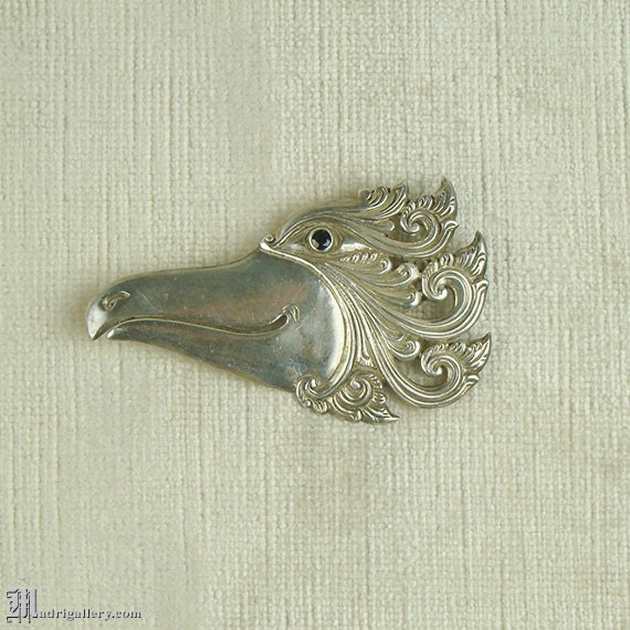 Sterling silver bird brooch pin, big beak and glass e… - Gem