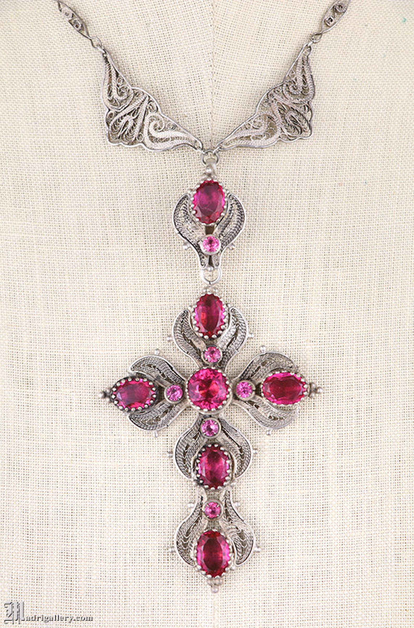 Antique Silver Filigree Cross Necklace, Ruby Red Paste Glass Stones ...