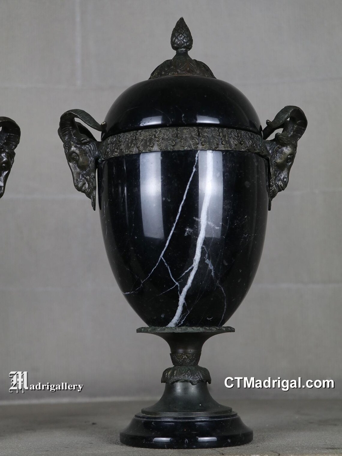 Pair Antique Marble Urn Vase Pot Jars Bronze Goat Ram Handles Black ...