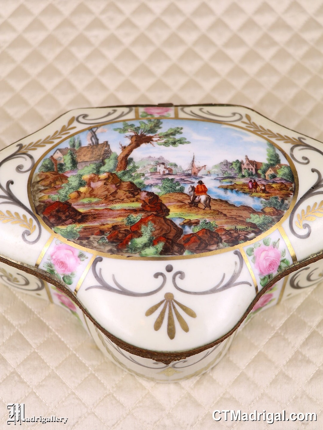 Antique Porcelain Box, Hand Painted French Landscape Signed Jewelry ...