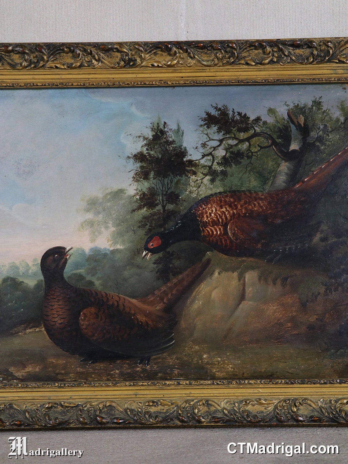 Antique Birds in Landscape Painting Pheasant Oil Canvas Gilt Wood Frame ...