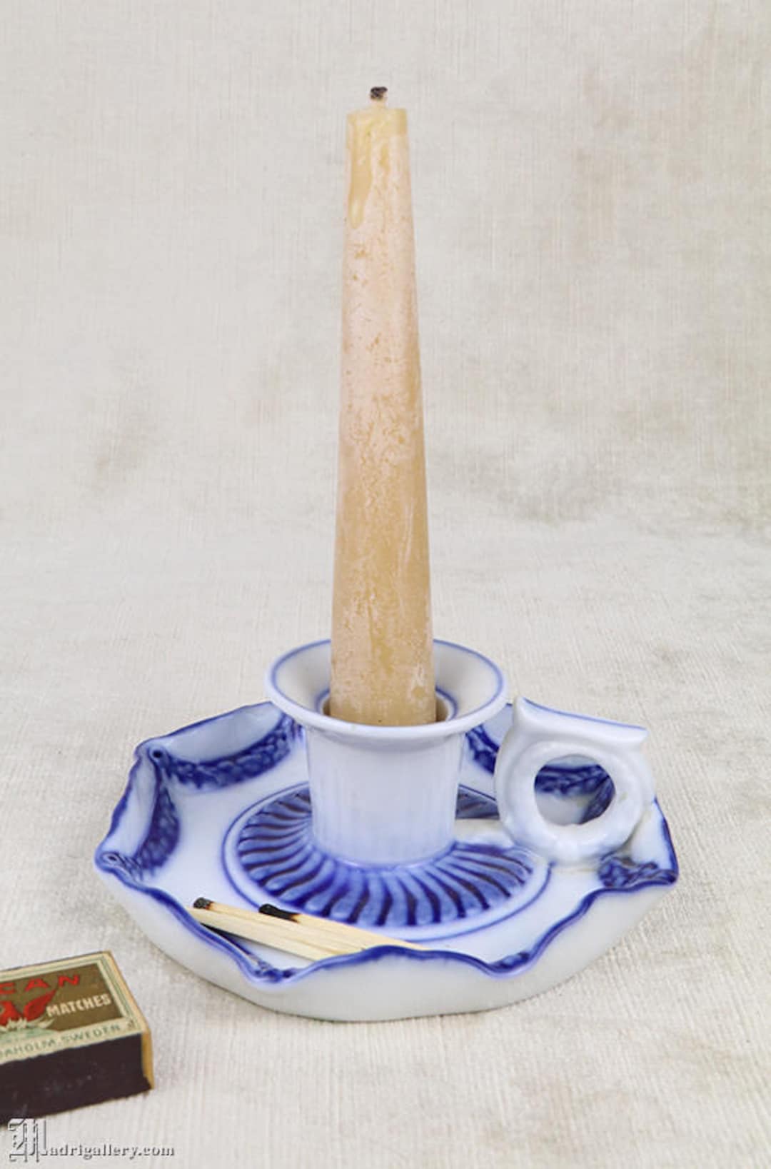 Antique Chamberstick, Porcelain Candle Holder, Flow Blue Candlestick ...